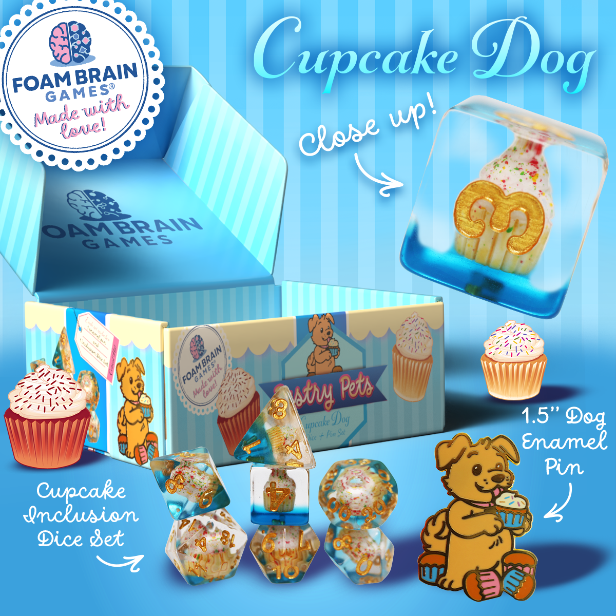 Pastry Pets: Cupcake Dog - Pin & RPG Dice Set – Foam Brain Wholesale